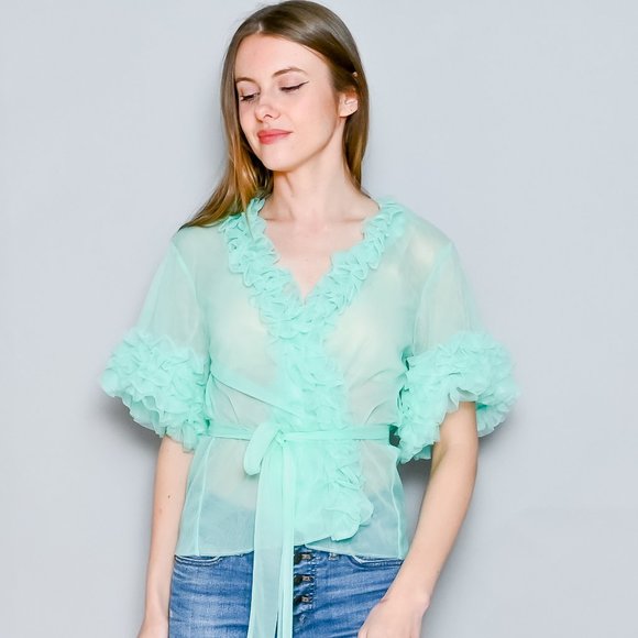 Amanda Uprichard | Tops | Amanda Uprichard Aqua Sheer Mesh Ruffle Robe ...